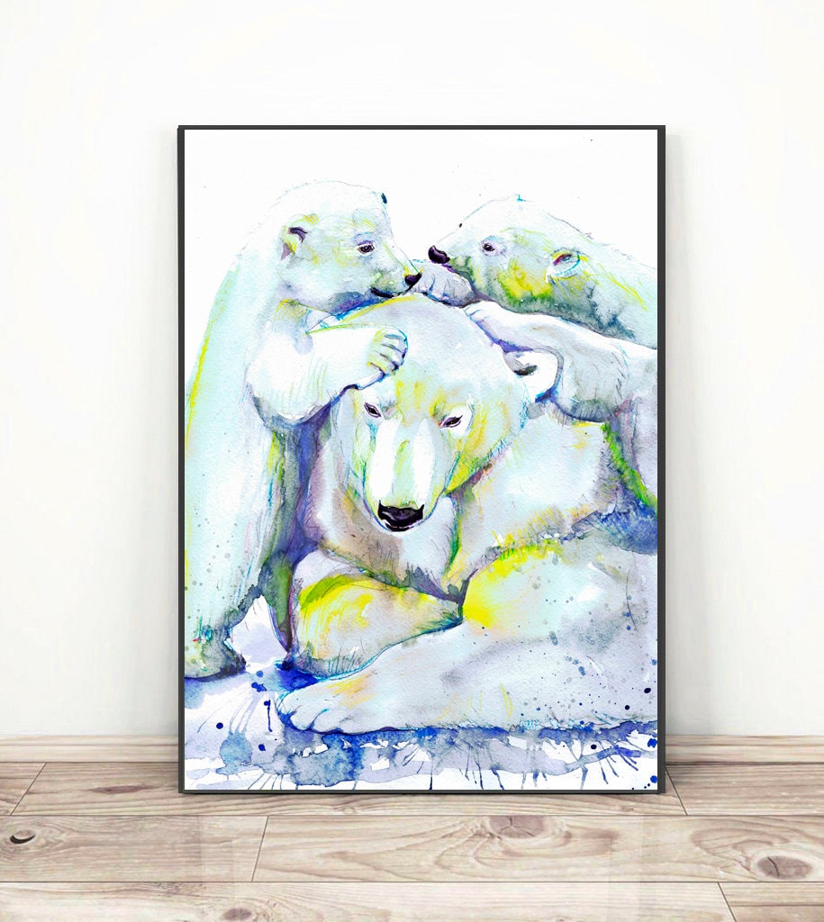 Polar bear art print Watercolor Arctic nursery wall art Mom | Etsy