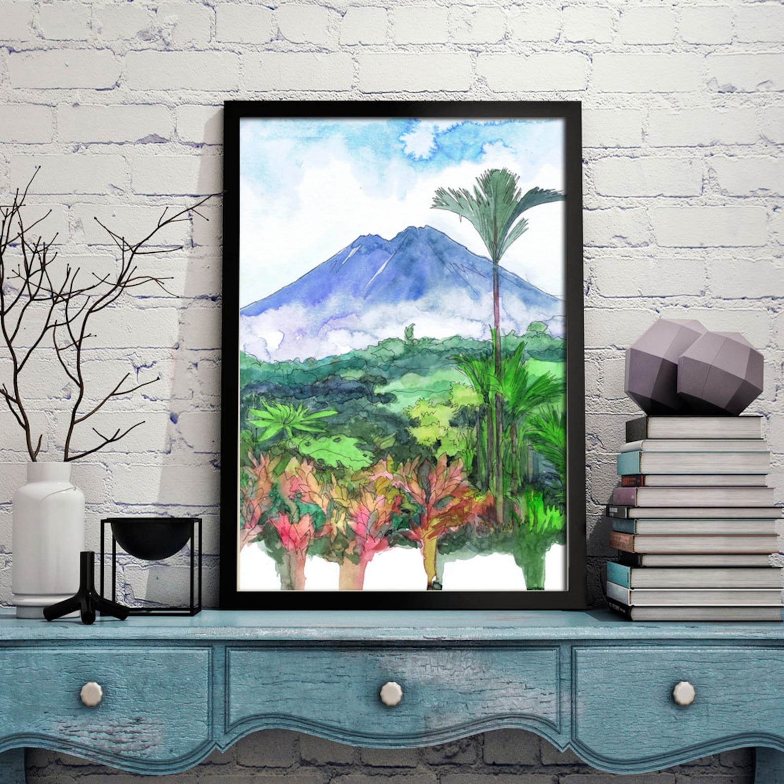Costa Rica Art, Landscape Watercolor Painting, Palm Tree Print, Beach ...