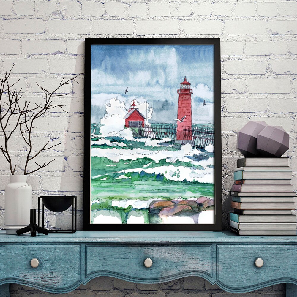 Lake Michigan Art Grand Haven Lighthouse Watercolor Painting | Etsy