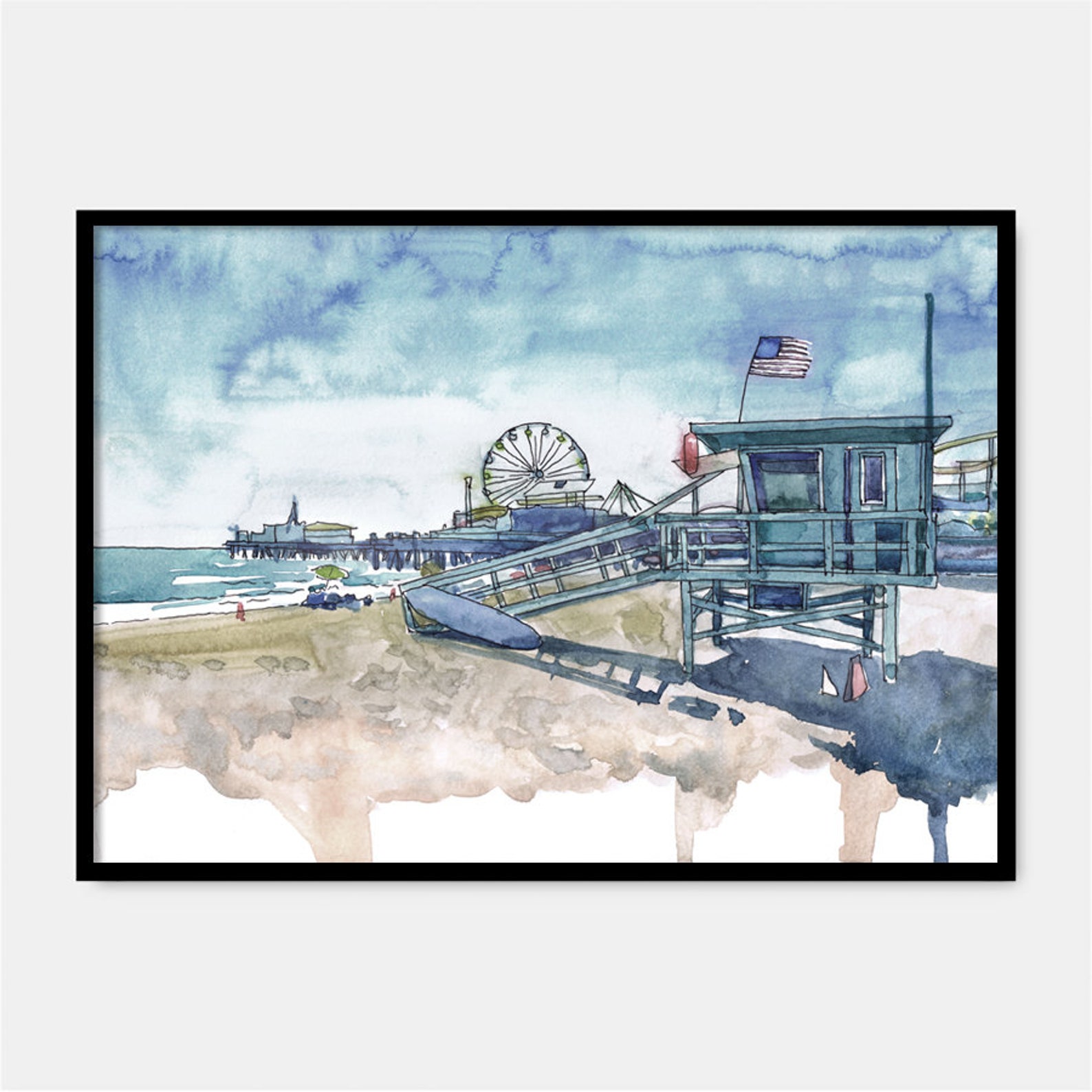 Santa Monica Print. Beach Wall Art Watercolor Painting, California ...