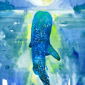Whale Shark Art Moon Watercolor Painting, Sea Creatures, Space Whale ...