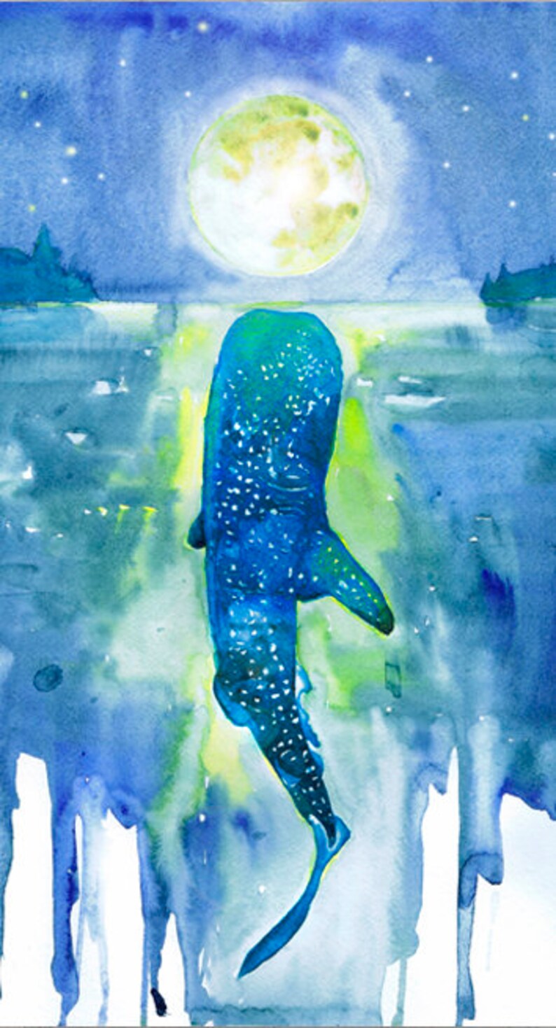 Whale Shark Art Moon Watercolor Painting Sea Creatures Space - Etsy