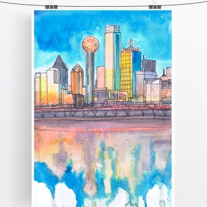 Dallas Skyline Wall Art, Cityscape Watercolor Painting Print, Texas ...
