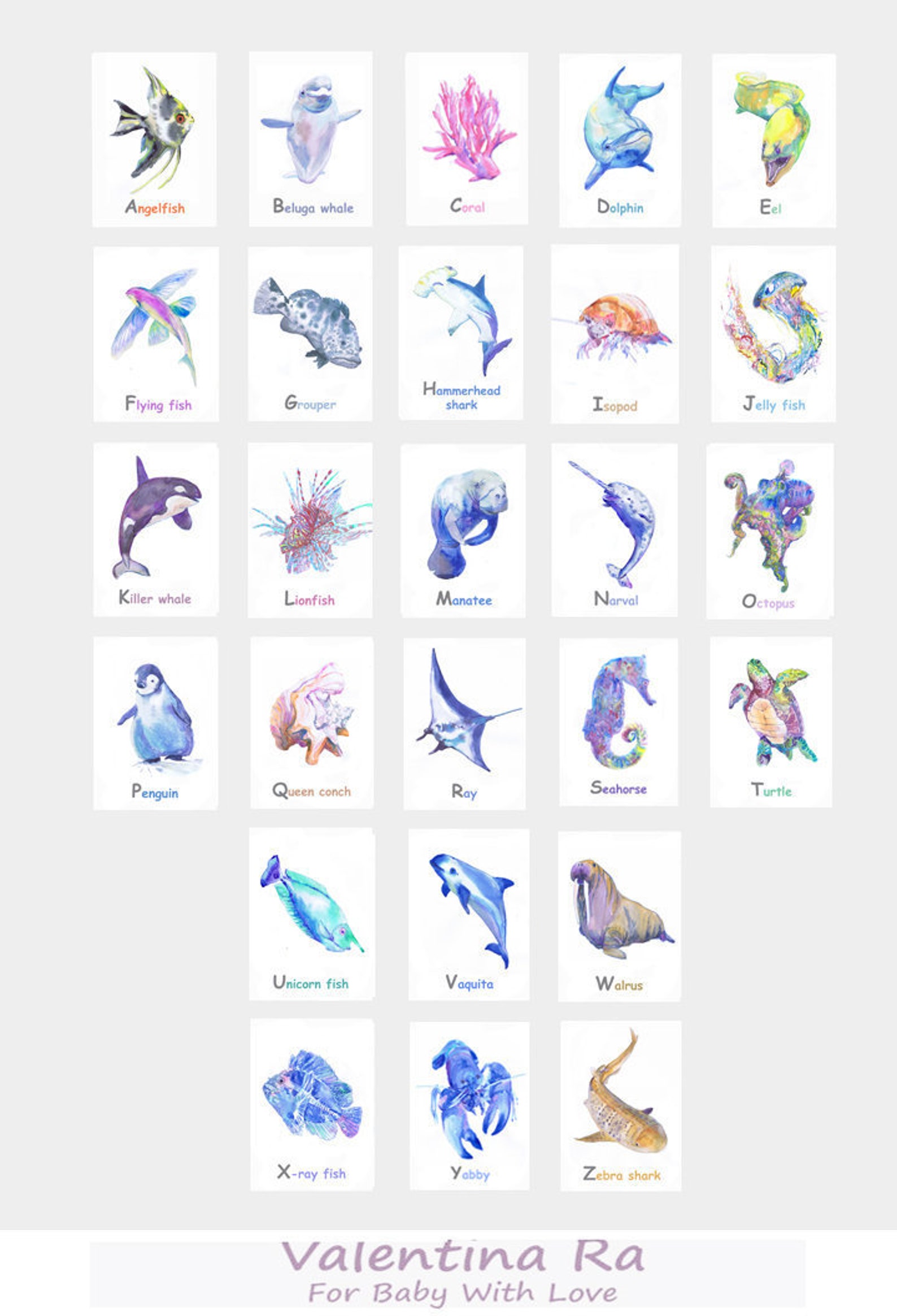 ABC Flash Cards Sea Creatures Alphabet Ocean Animals - Etsy ABC Flash Cards Sea Creatures Alphabet Ocean Animals - Etsy