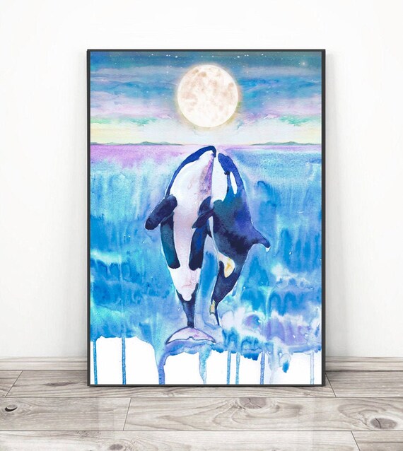 Orca Painting Killer Whale Art Print Moon Watercolor Nursery - Etsy