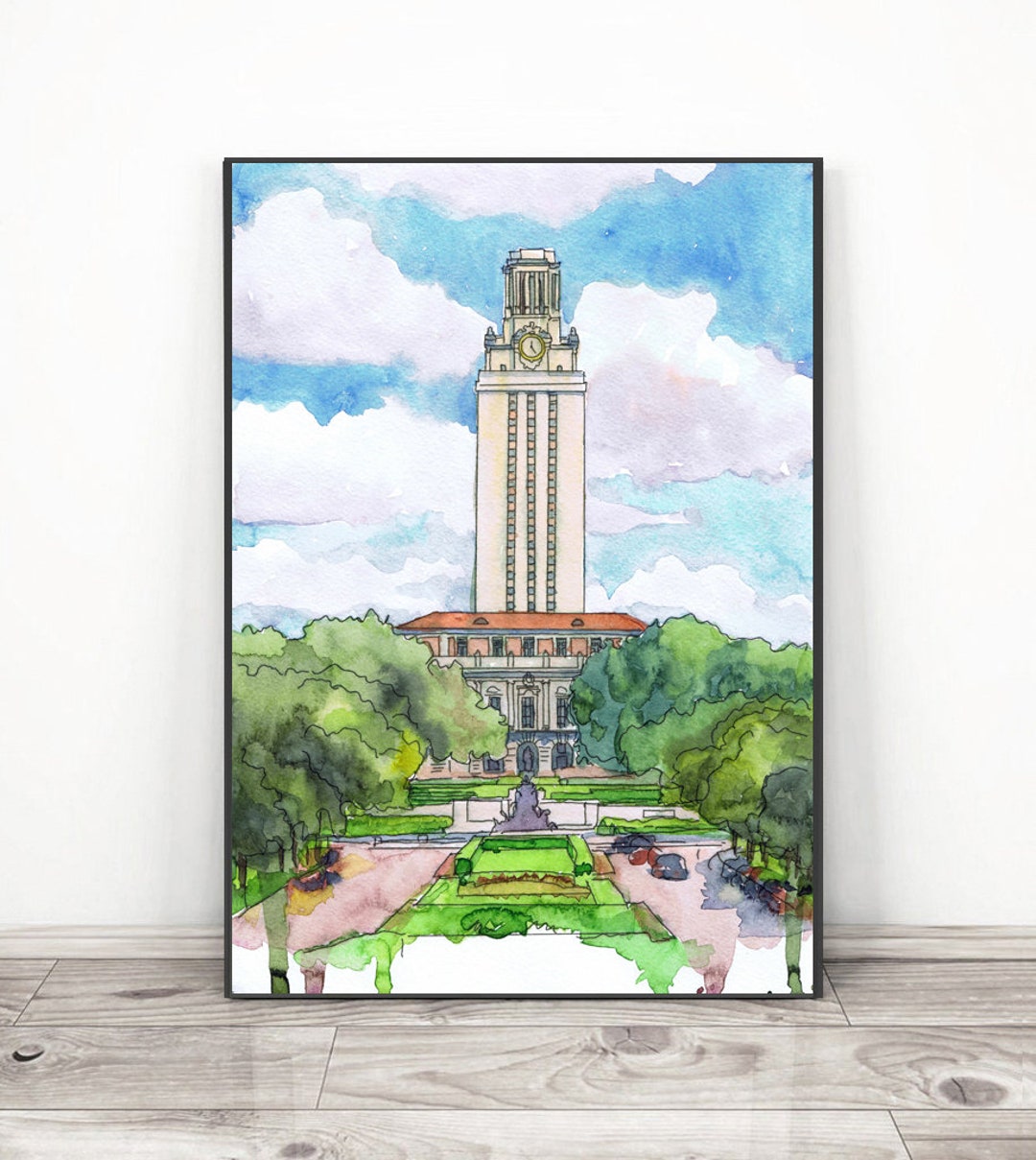 University of Texas Tower Art, Austin Skyline Watercolor Painting ...