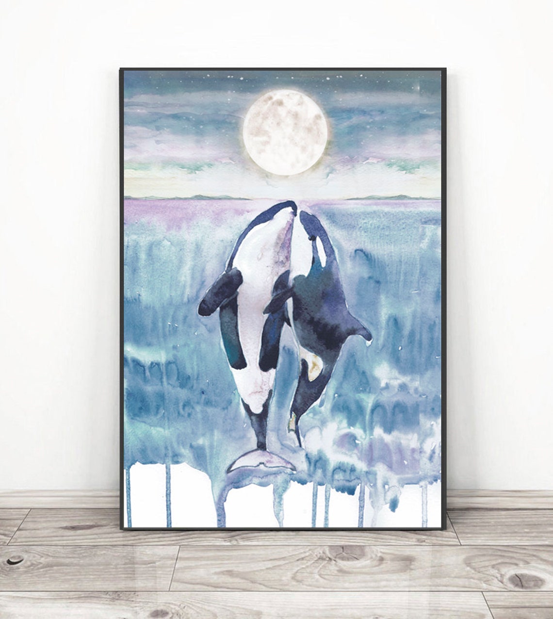 Orca Painting Killer Whale Art Print Moon Watercolor Nursery - Etsy