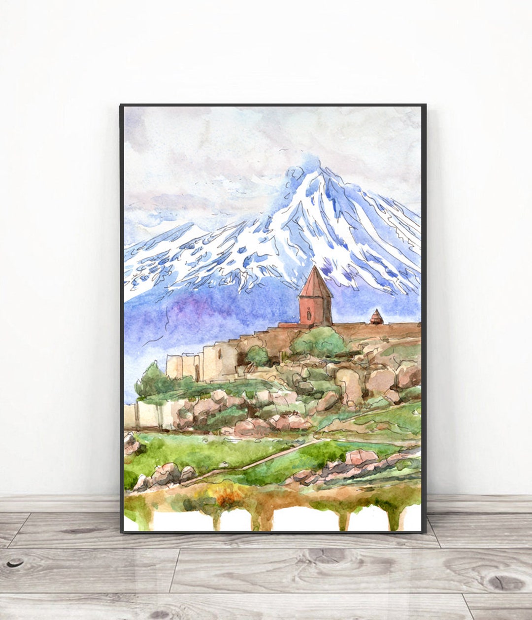 Armenia Art Mount Ararat Print, Watercolor Landscape Painting Khor ...