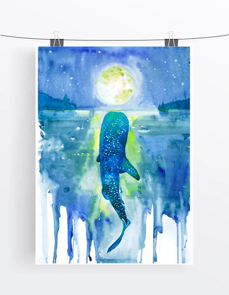 Whale Shark Art Moon Watercolor Painting Sea Creatures Space - Etsy