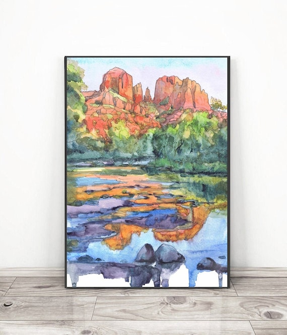 Sedona Arizona Art Watercolor Painting Print Cathedral Rock - Etsy