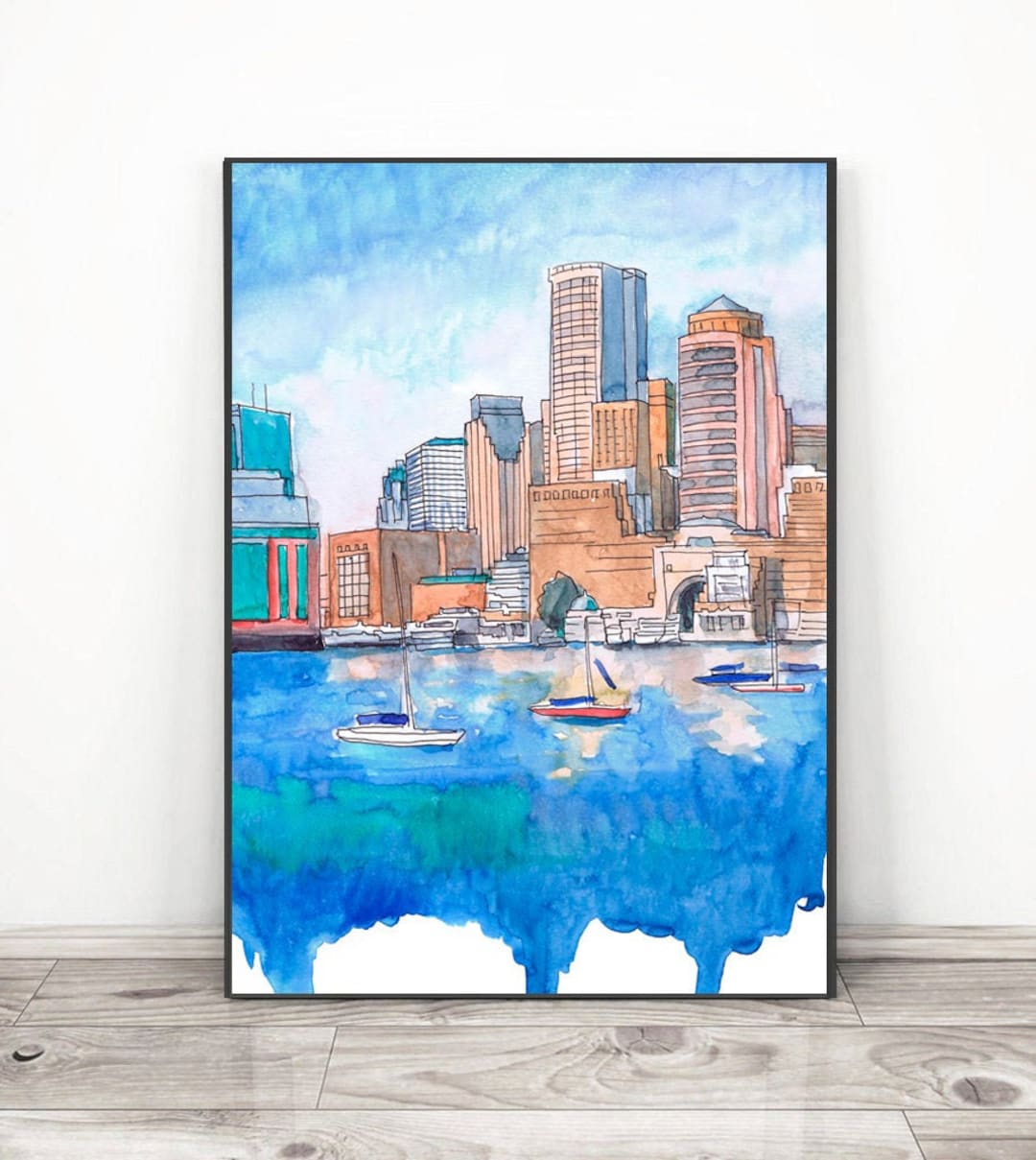 Boston Skyline Watercolor Painting, Massachusetts Wall Art Cityscape ...