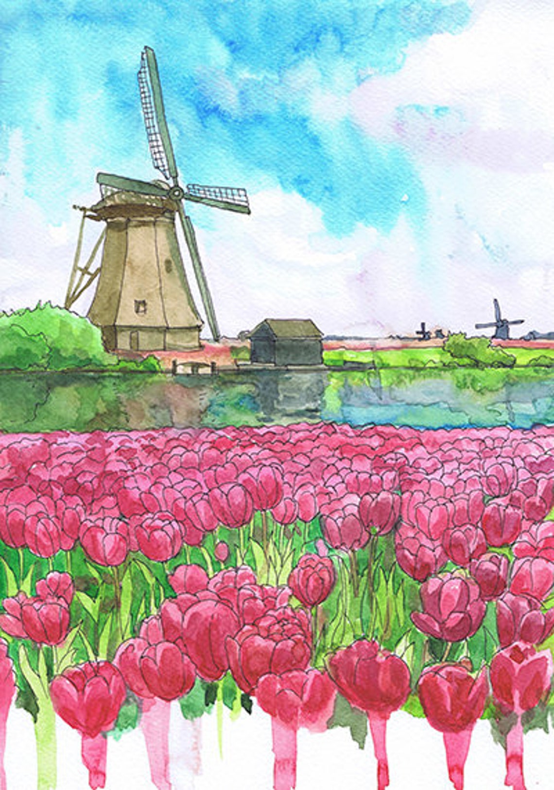 Tulip Fields Art Print Dutch Landscape Watercolor Painting - Etsy