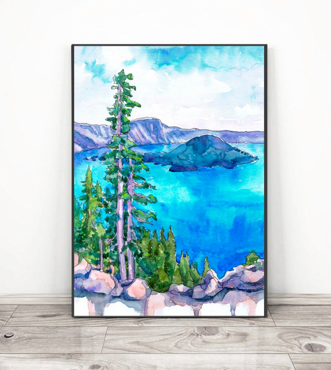 Crater Lake Oregon National Park Art Watercolor Painting Travel Poster ...