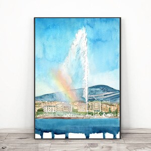 Geneva Switzerland Lake Painting Lac Leman Swiss Alps Mountain Wall Art ...