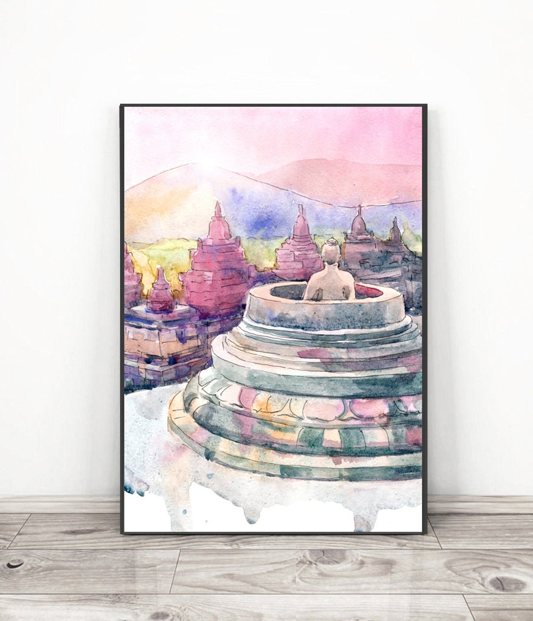 Indonesia Wall Art Print, Borobudur Watercolor - Java Travel Print ...