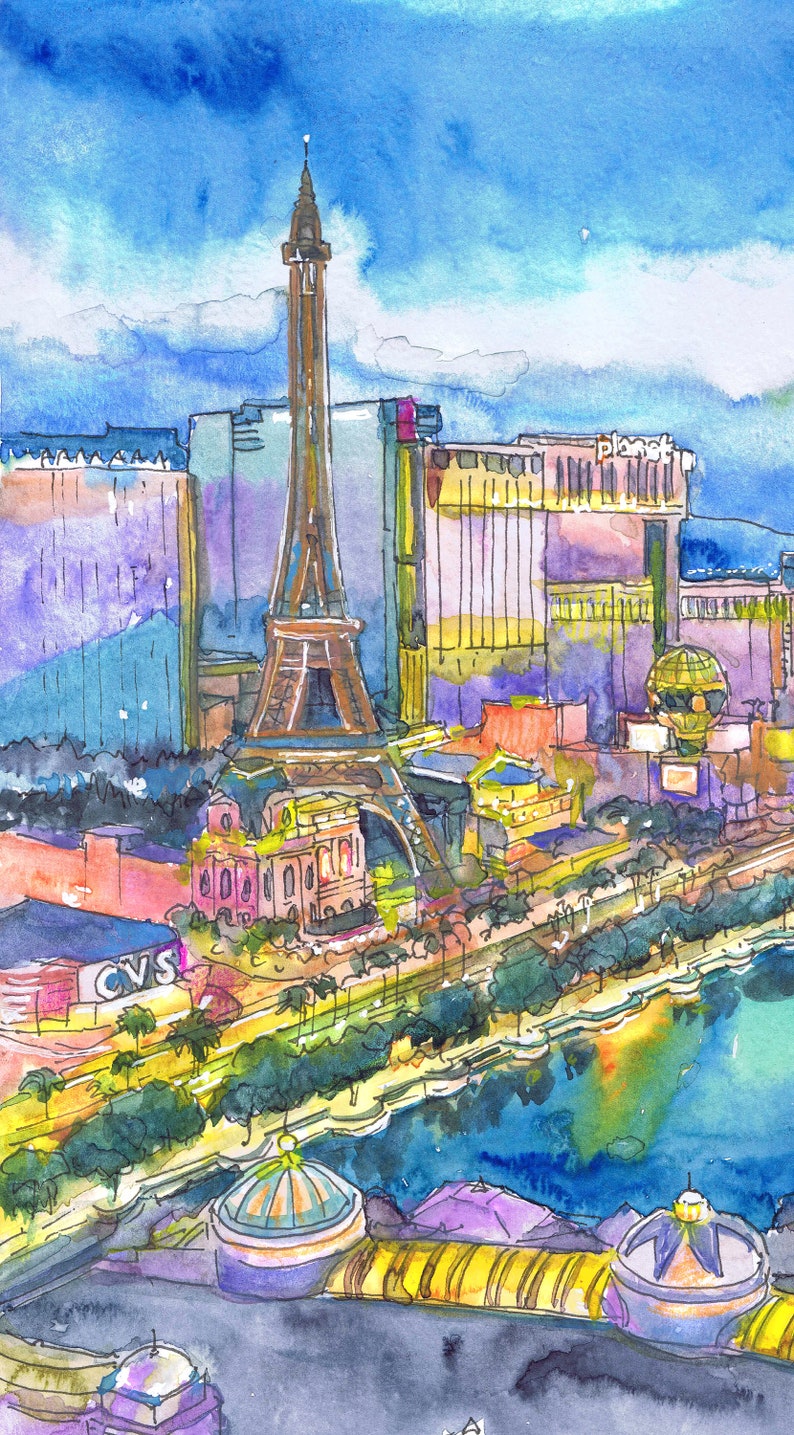Las Vegas Skyline Wall Art Nevada City Art Print Watercolor | Etsy