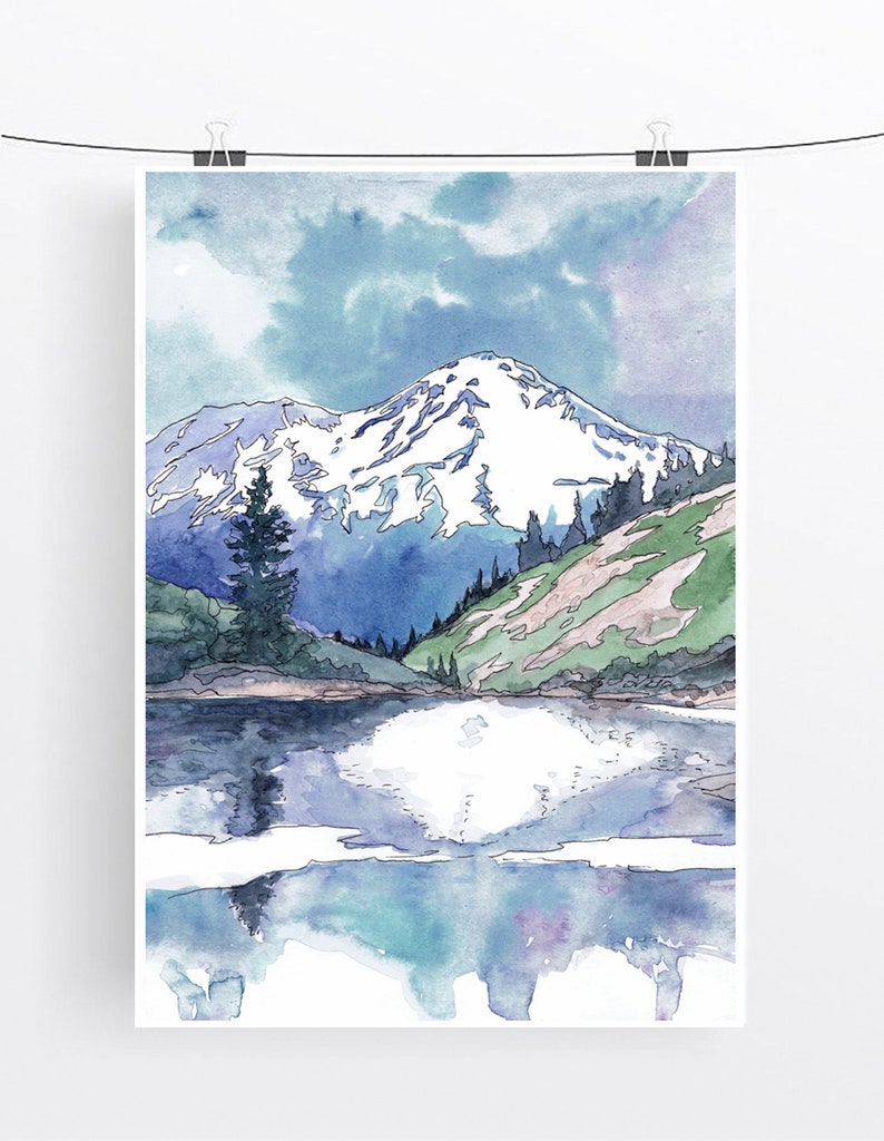 Mt. Shasta Wall Art Print Watercolor Landscape Painting | Etsy