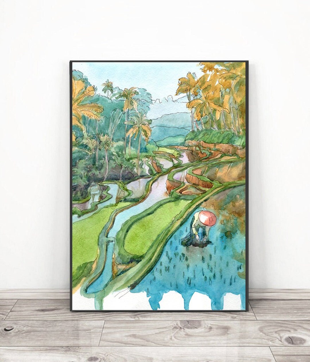 Bali Painting Rice Terraces Art Print Indonesia Wall Art, Watercolor ...