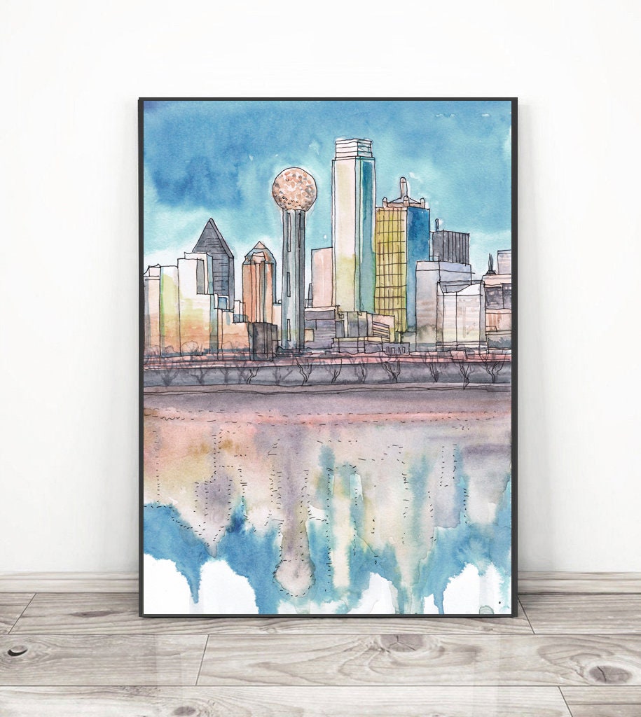 Dallas Skyline Wall Art, Cityscape Watercolor Painting Print, Texas ...