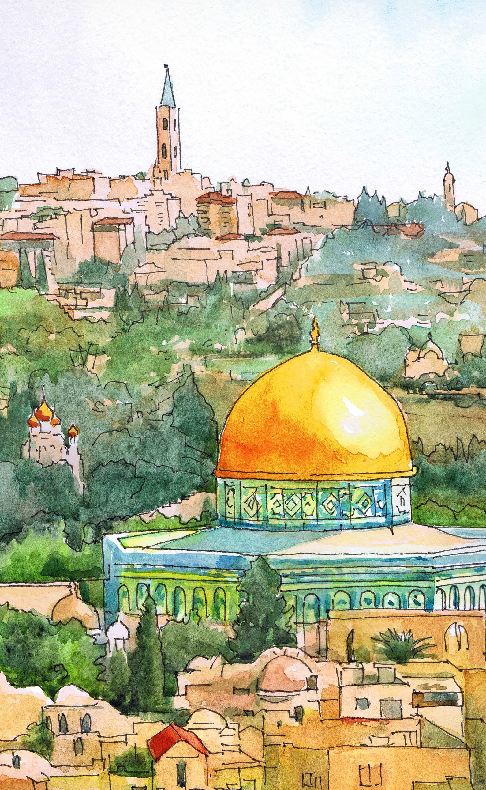 Jerusalem Painting Israel Wall Art Print Watercolor Asian - Etsy