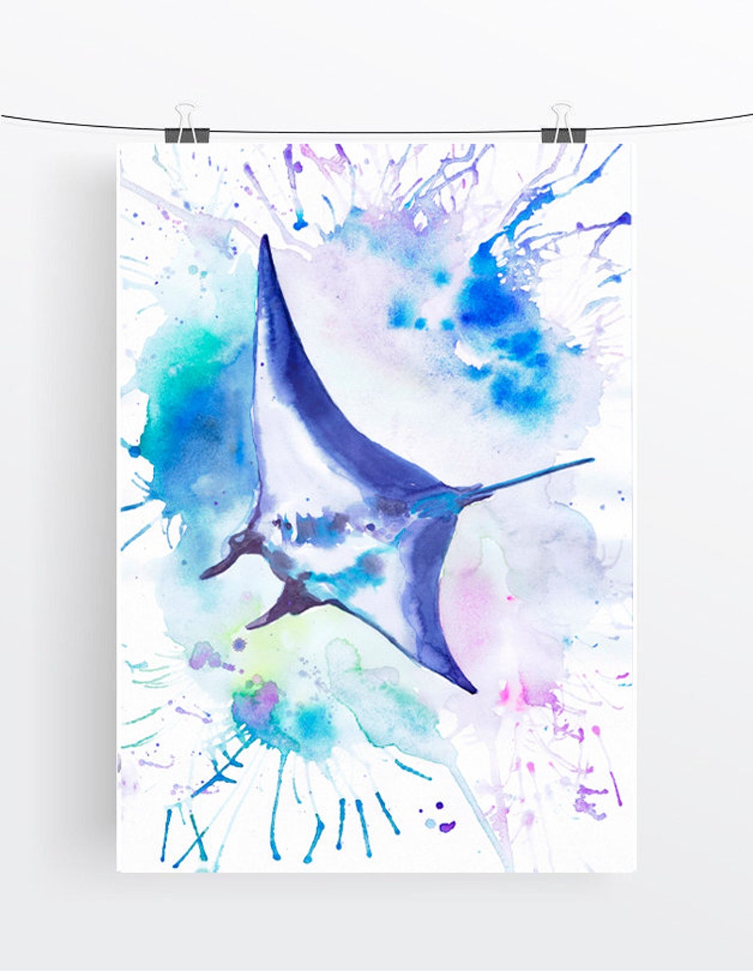 Manta Ray Art Print, Ocean Animals Watercolor Painting, Under the Sea ...