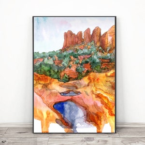 Sedona Art Print Arizona Watercolor Painting, Cathedral Rock Hiking ...