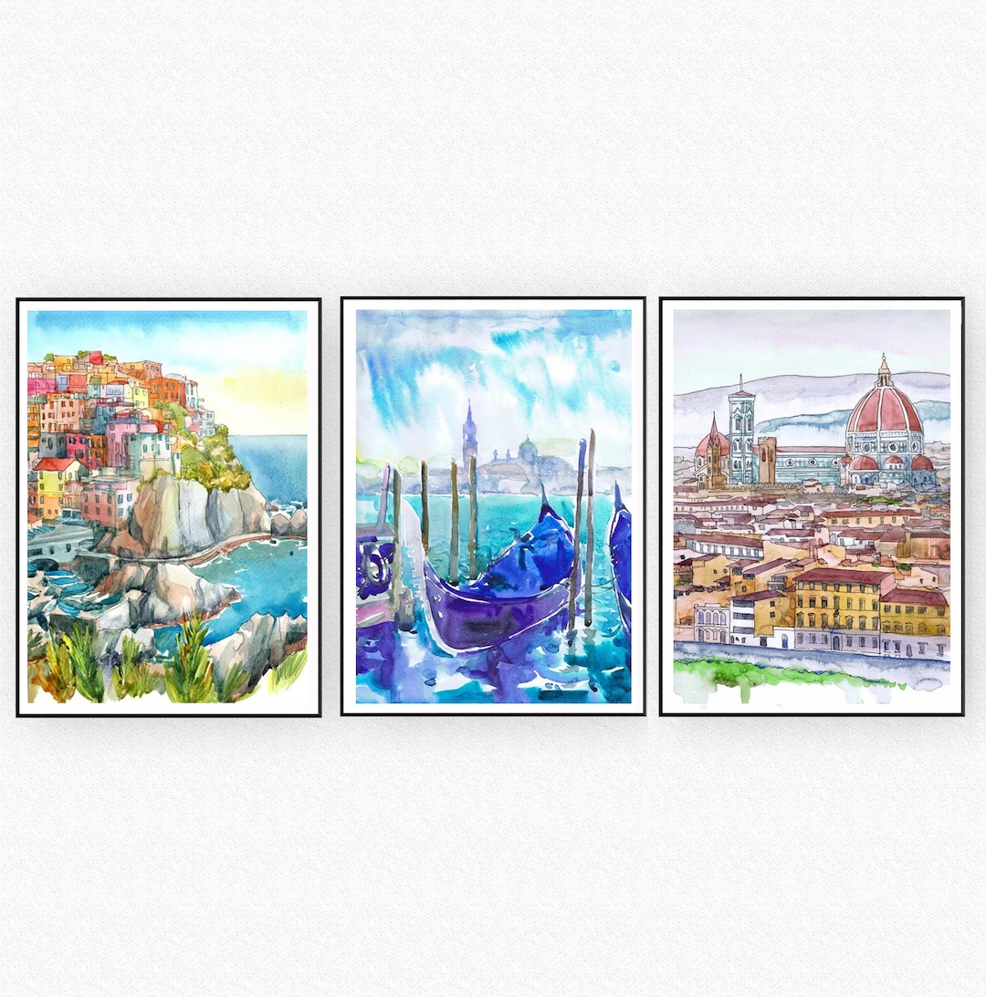 Italian Prints Set of 3 Wall Art , Italy Watercolor Painting Landscape ...