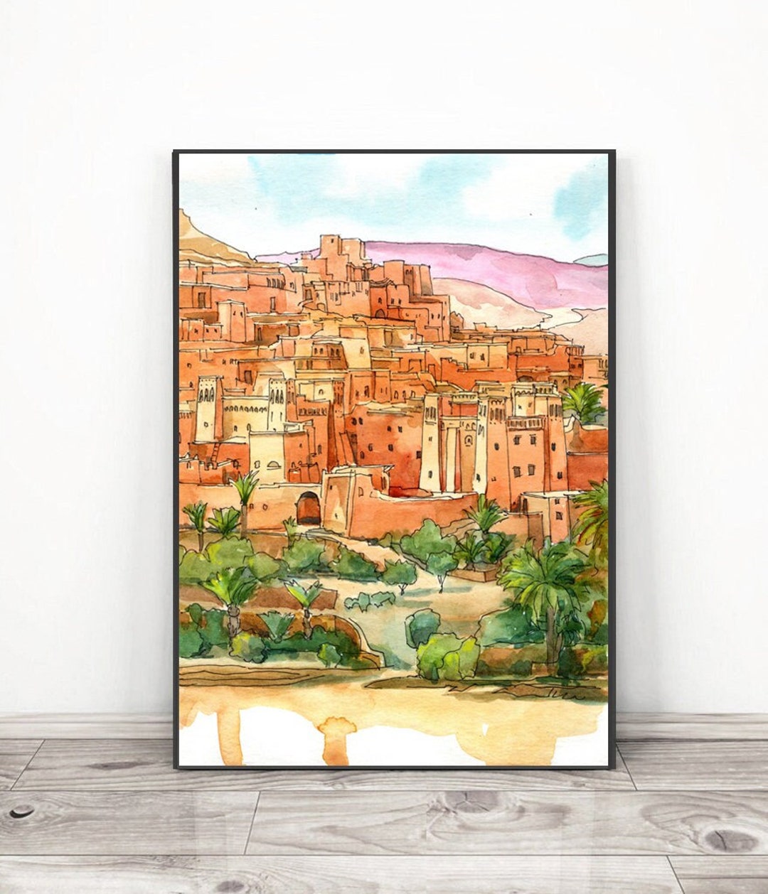 Morocco Art Print, Ait Benhaddou Ouarzazate Watercolor Painting ...