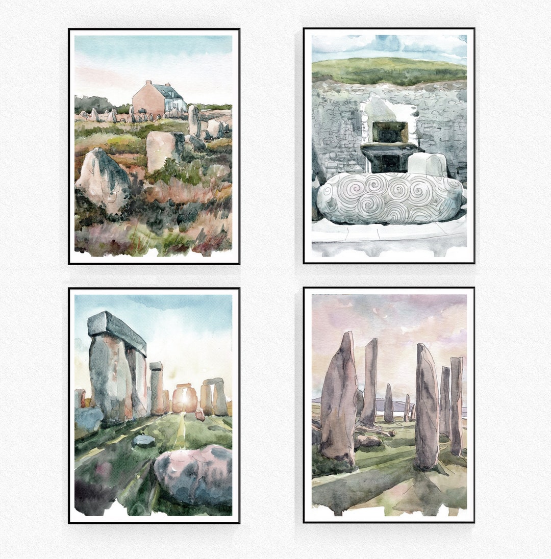 Celtic Sacred Site Set of 4 Art Prints, Pagan Stone Circle Painting ...