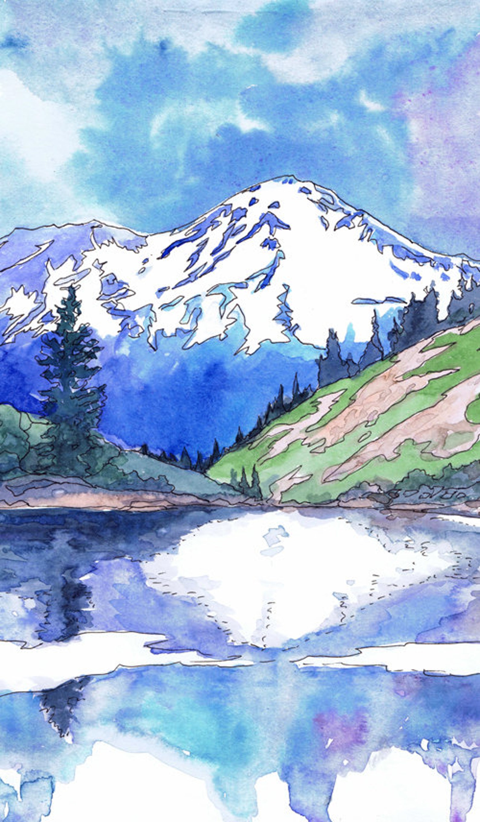 Mt. Shasta Wall Art Print Watercolor Landscape Painting | Etsy