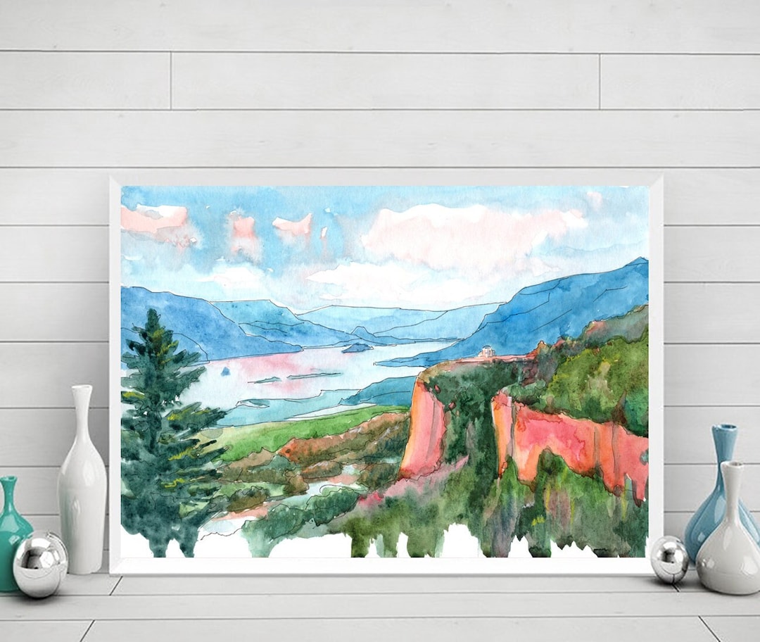 Columbia River Gorge Art Print, Crown Point Oregon Watercolor Landscape ...