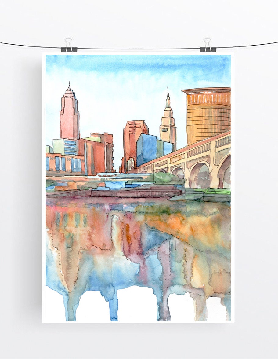 Cleveland Skyline Wall Art Print City Watercolor Painting | Etsy