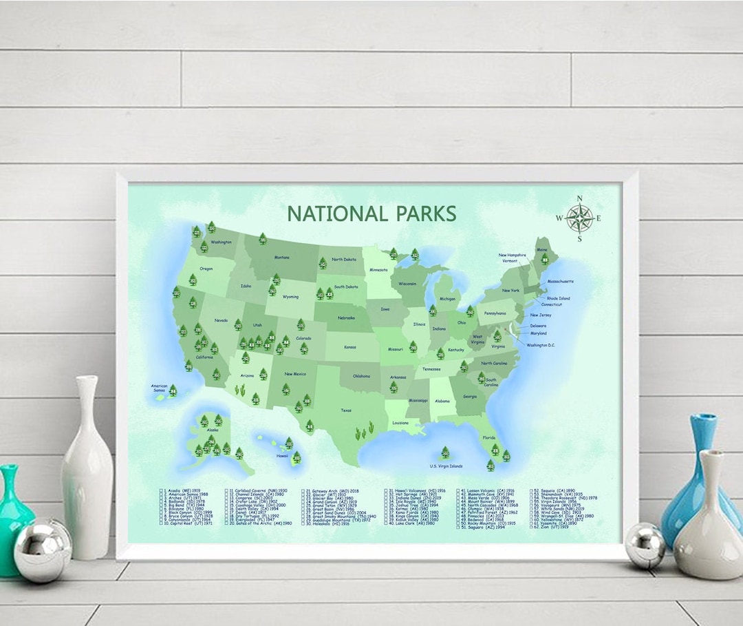 National Park Printable Map With Checklist, US Map Poster - Etsy