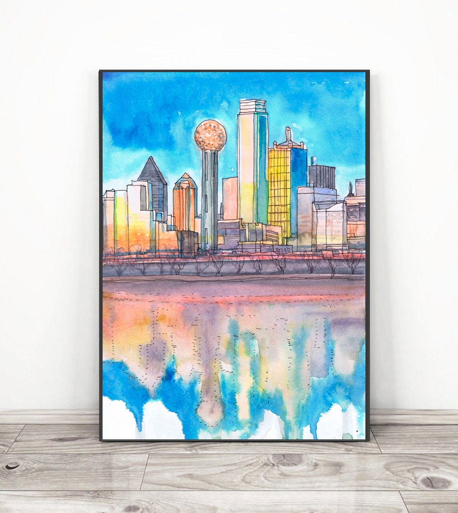 Dallas Skyline Wall Art Cityscape Watercolor Painting Print | Etsy