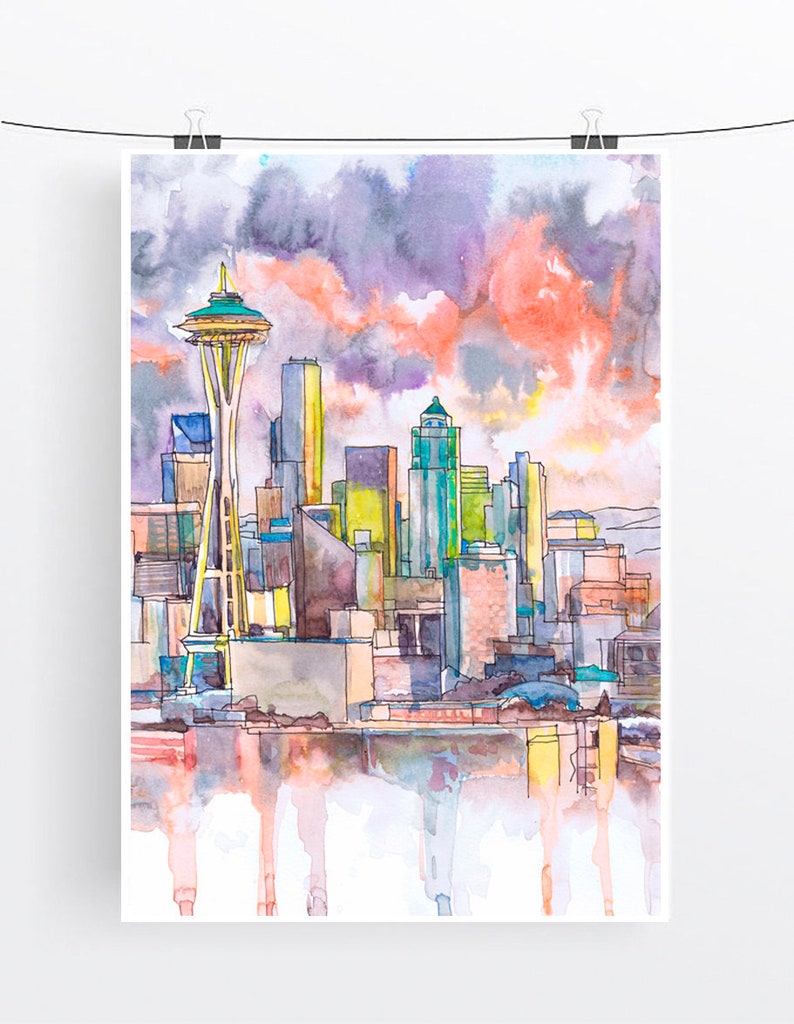 Seattle Wall Art, Skyline Watercolor Painting Print, Landscape Sunset ...