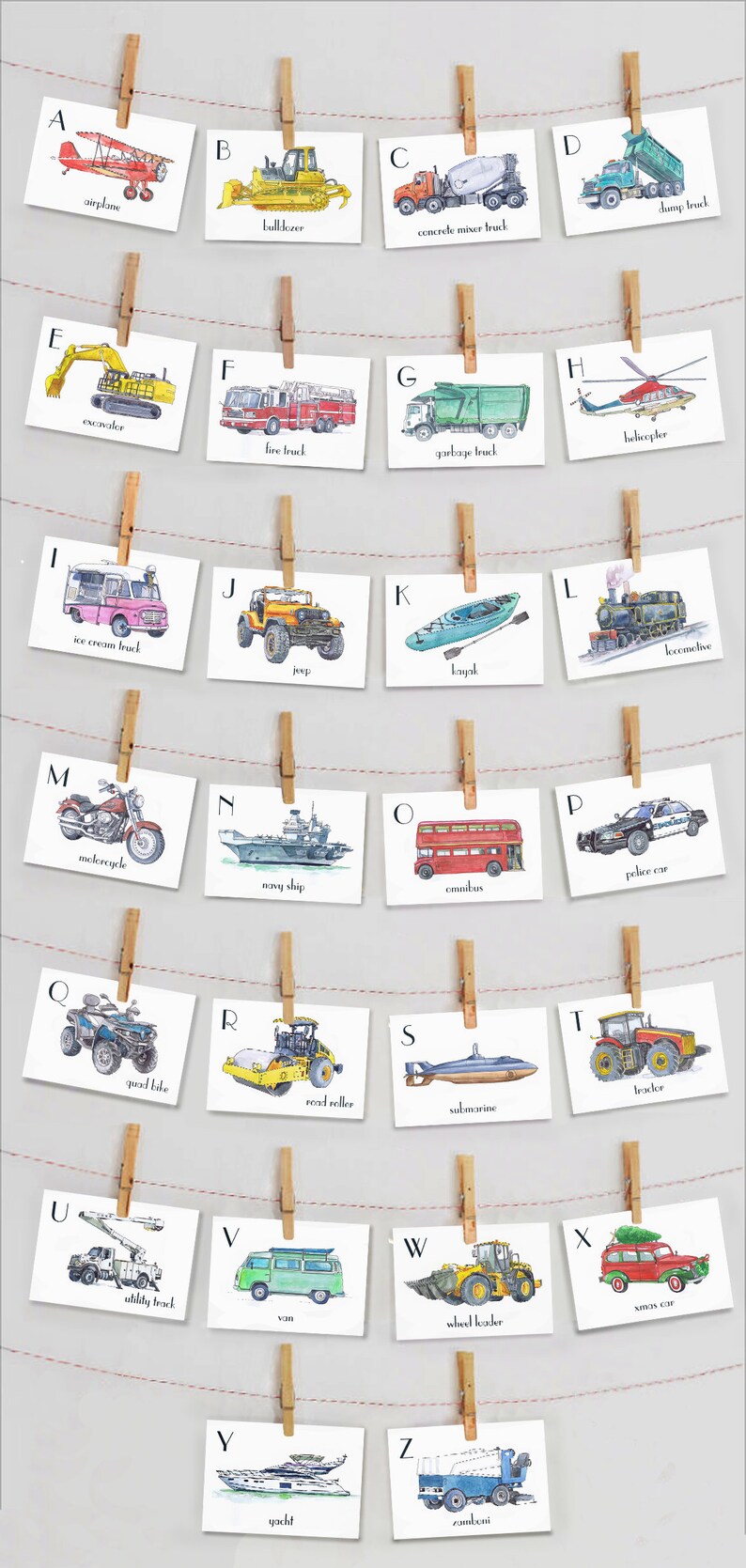 Transportation 26 Fine Art Note Cards Alphabet Car prints | Etsy