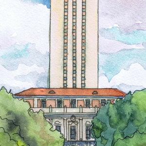 University of Texas Tower Art, Austin Skyline Watercolor Painting ...