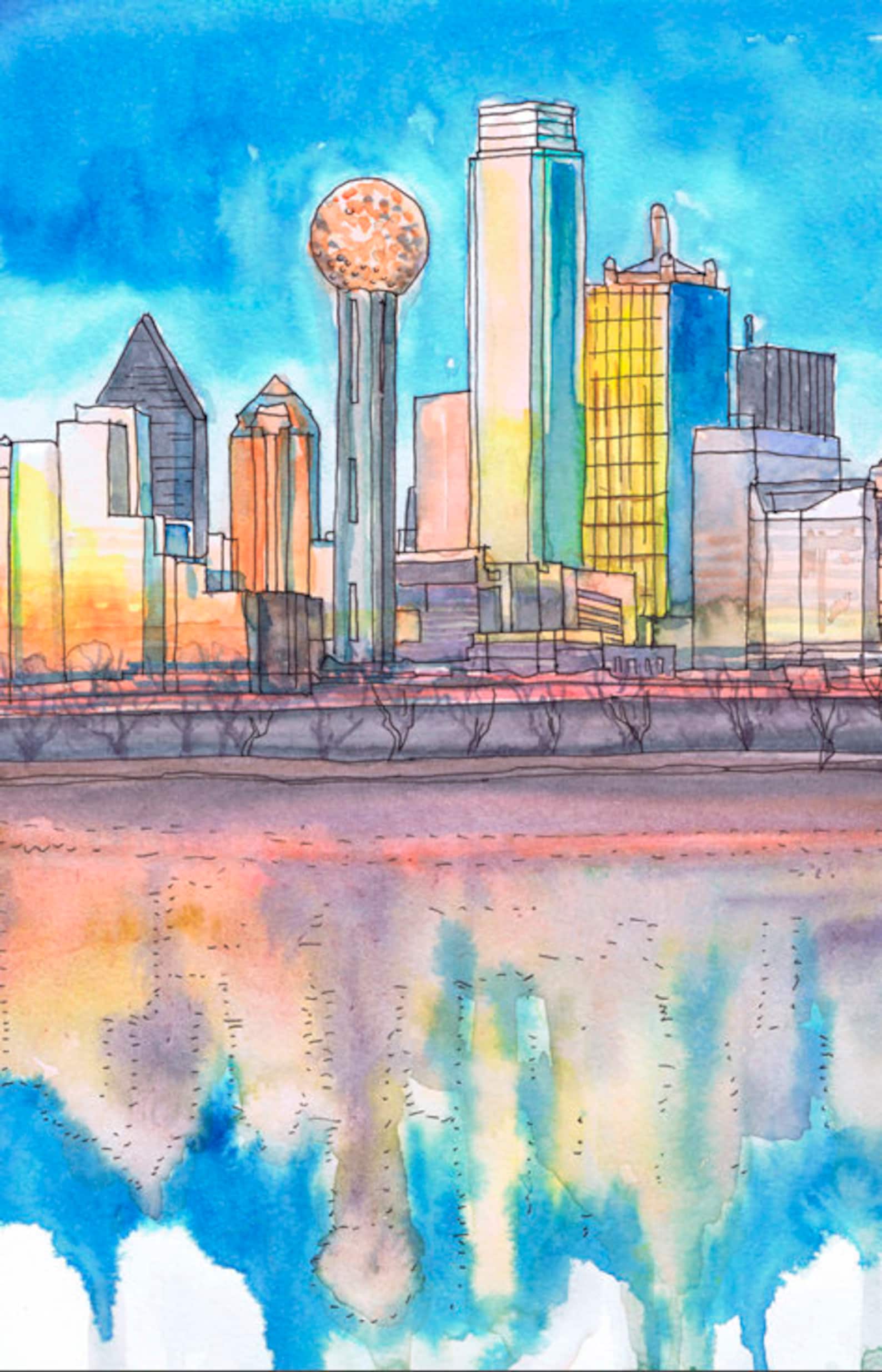 Dallas Skyline Wall Art Cityscape Watercolor Painting Print - Etsy