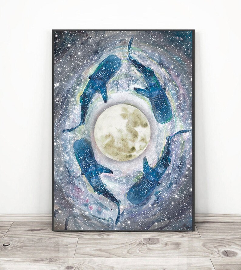Whale Shark Art Moon Painting Watercolor Space Eye of God - Etsy
