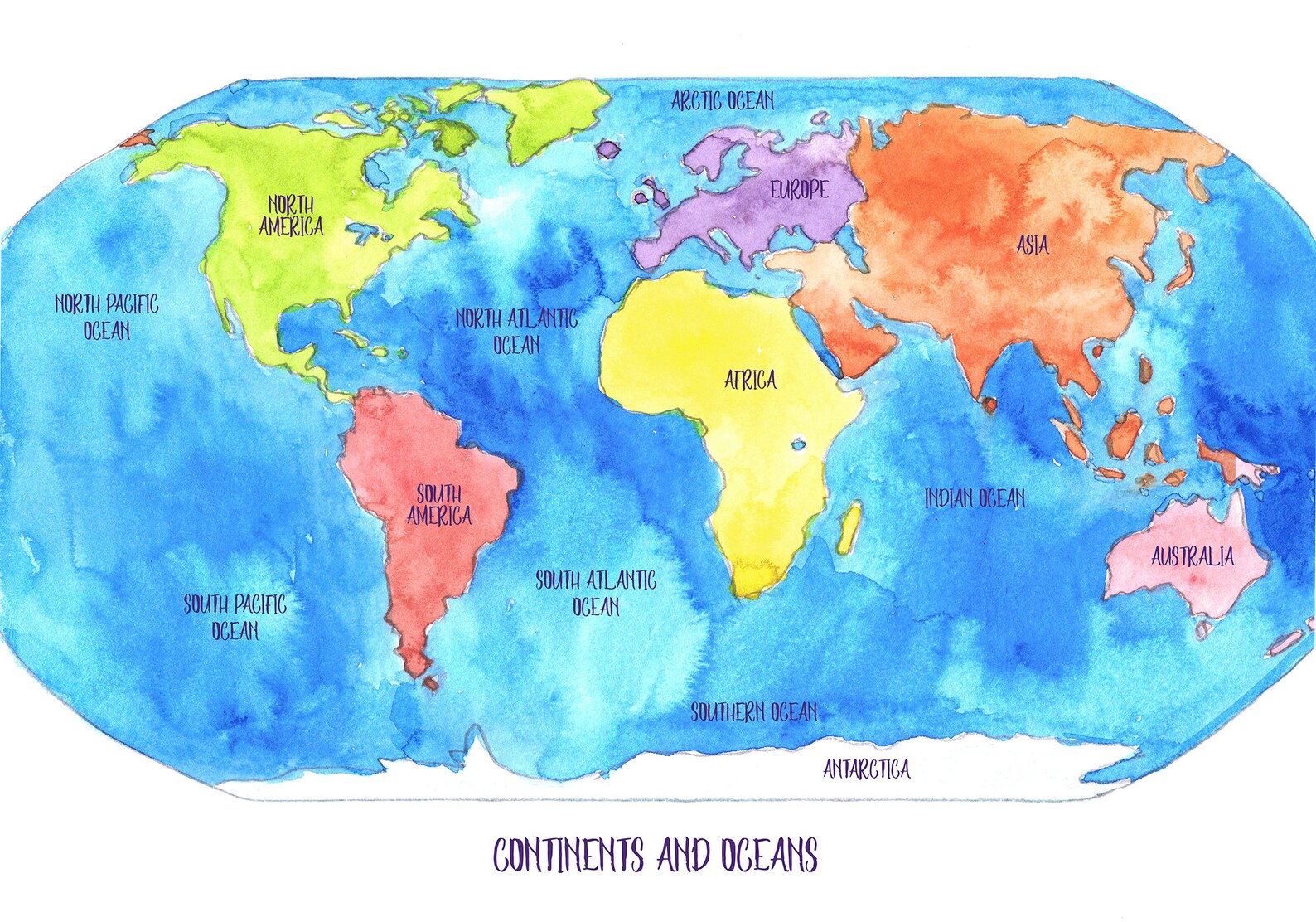 Continents and Oceans Homeschool Chart Cards, 13 Watercolor Educational ...