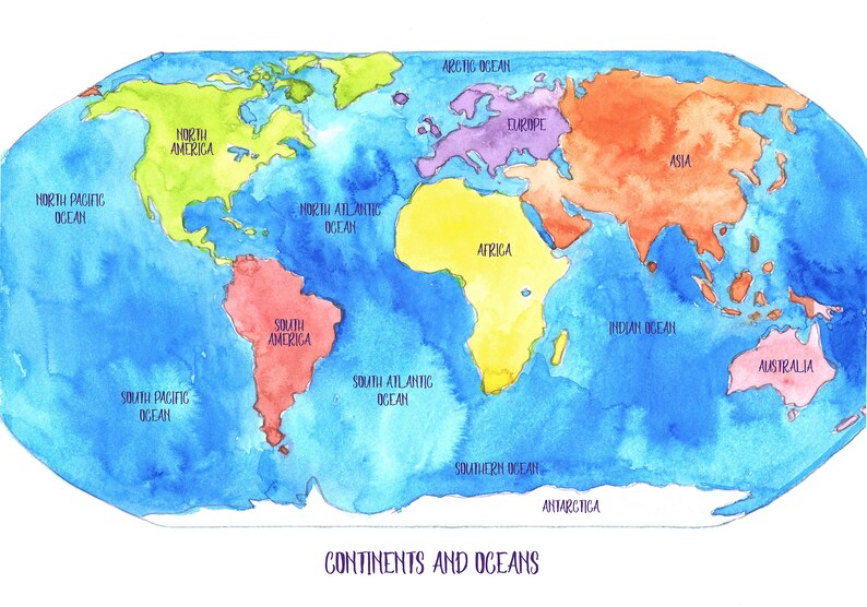Continents and Oceans Homeschool Chart Cards 13 Watercolor - Etsy