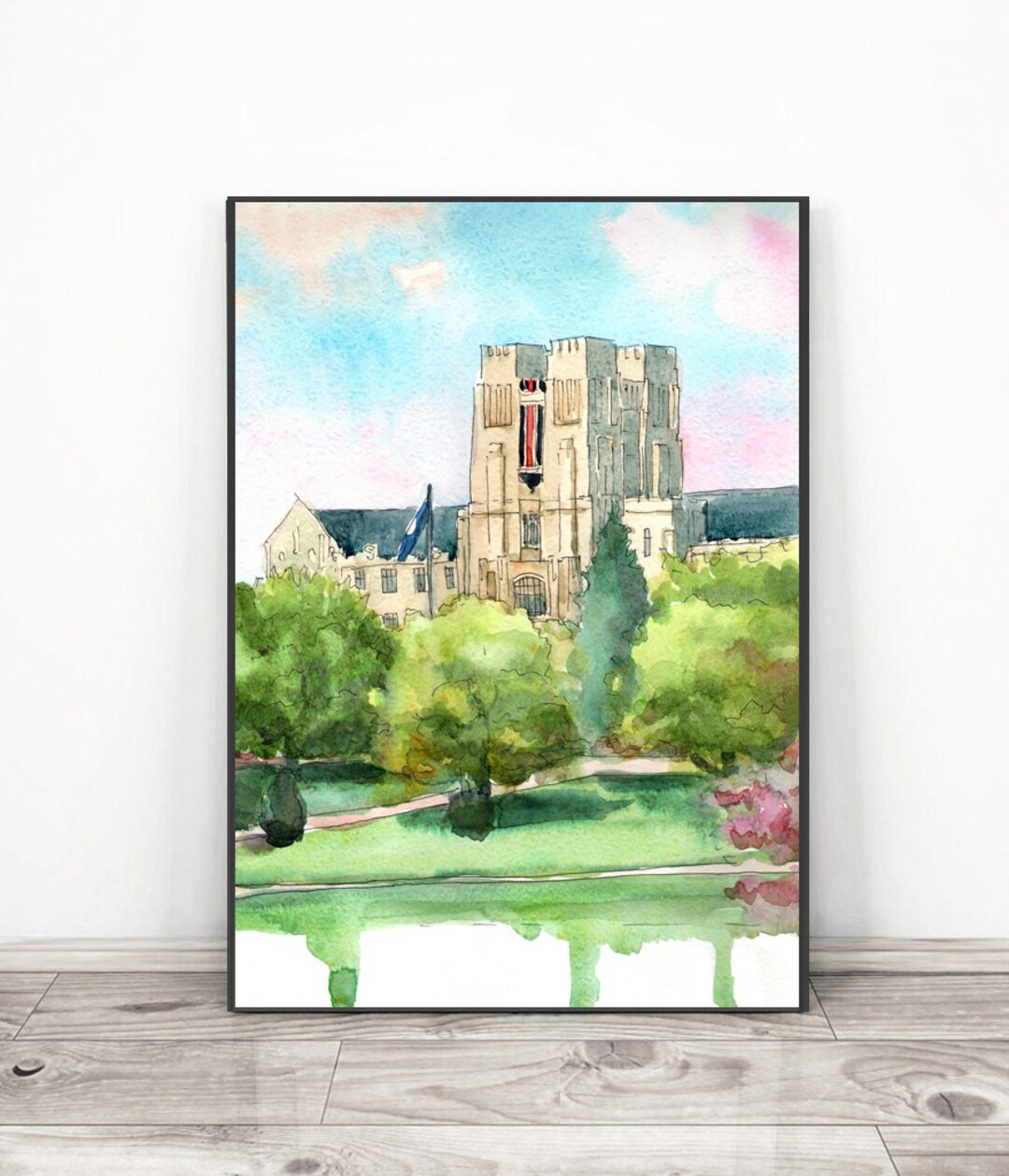 Virginia Tech Print University Art, Burruss Hall Watercolor Painting ...