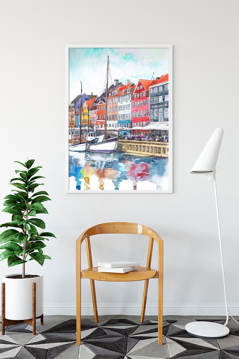 Copenhagen Print Denmark Wall Art, Europe Skyline - Watercolor Painting ...