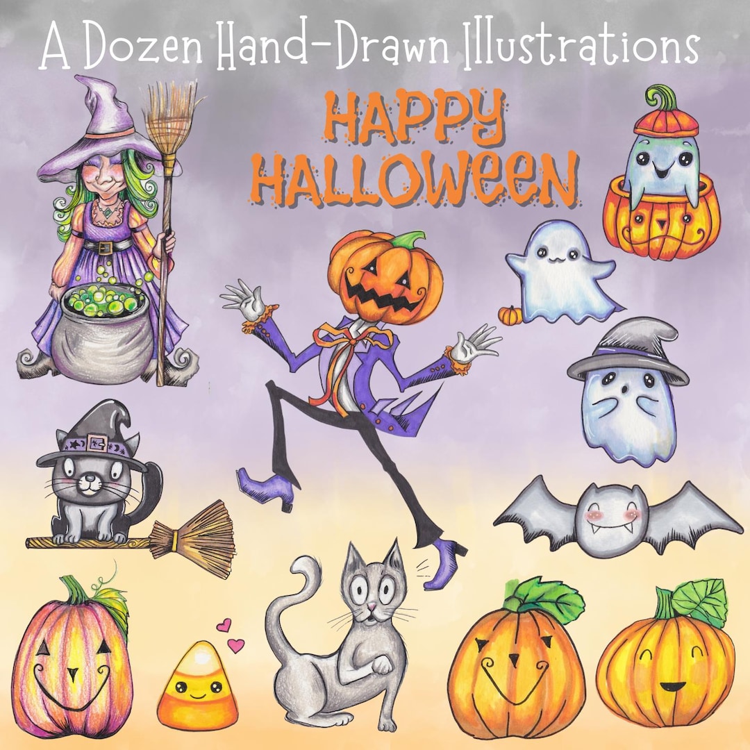 Hand-drawn Halloween Clipart PNG Format A Dozen Illustrations - Etsy