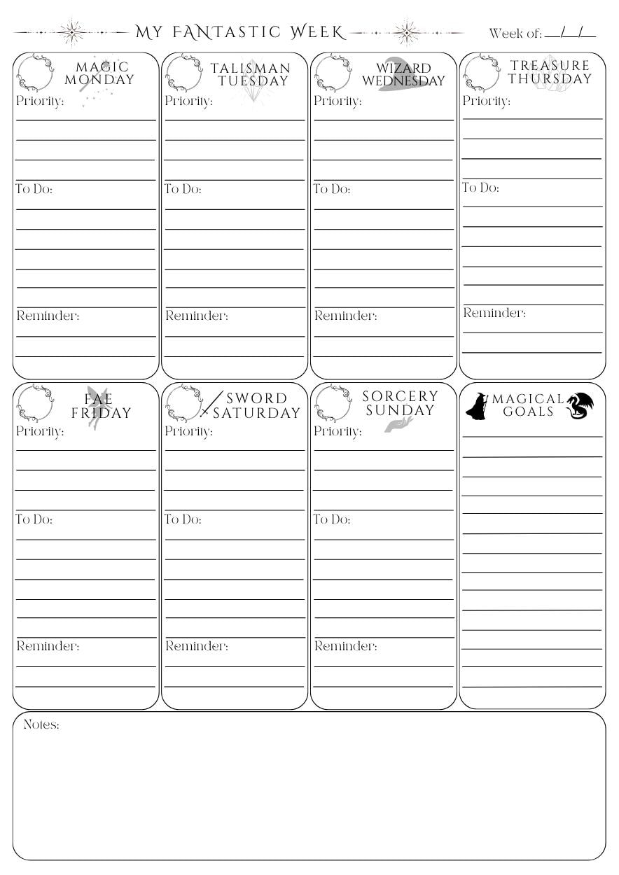 Fantasy Weekly Planner Printable • Undated To-do & Priority Portrait ...