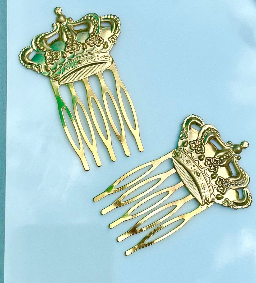 Vintage Gold Crown Hair Comb Set: Raw Brass Regal Hair Accessory ...