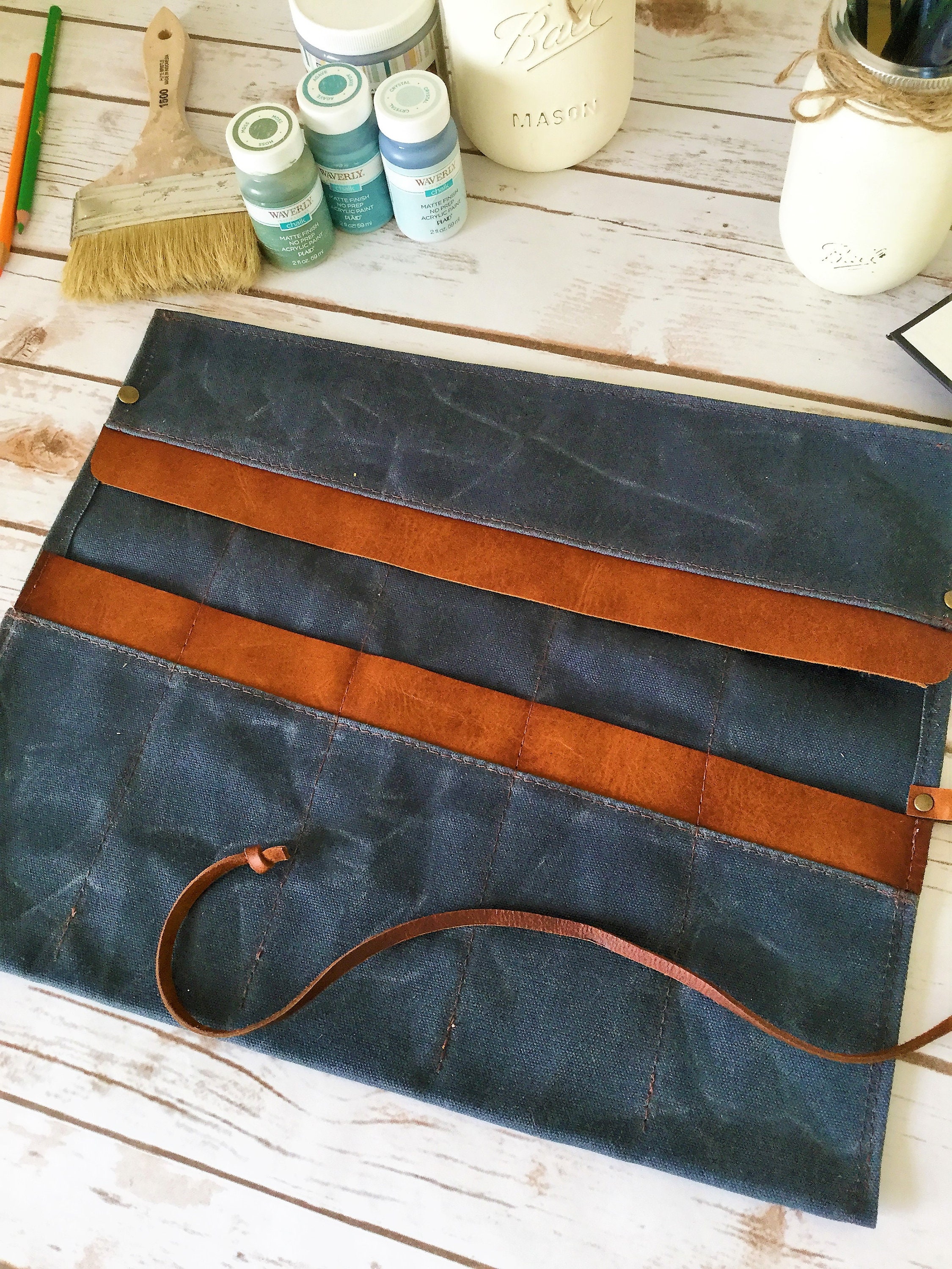 Waxed Canvas Paint Brush Roll, Artist Roll, Paint Brush Organizer ...