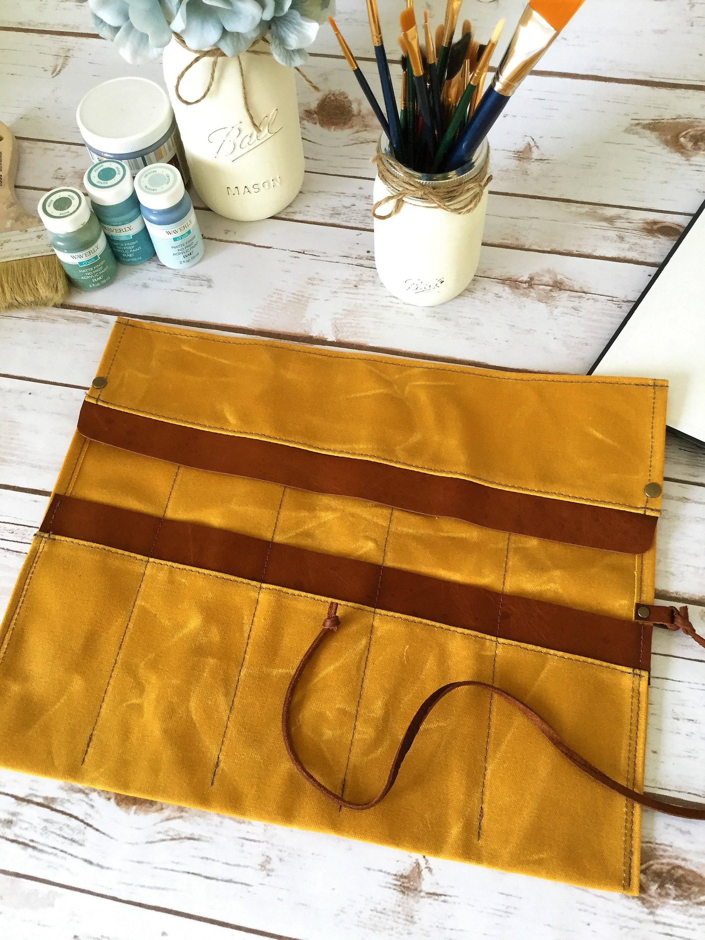 Waxed Canvas Paint Brush Roll, Artist Roll, Paint Brush Organizer ...