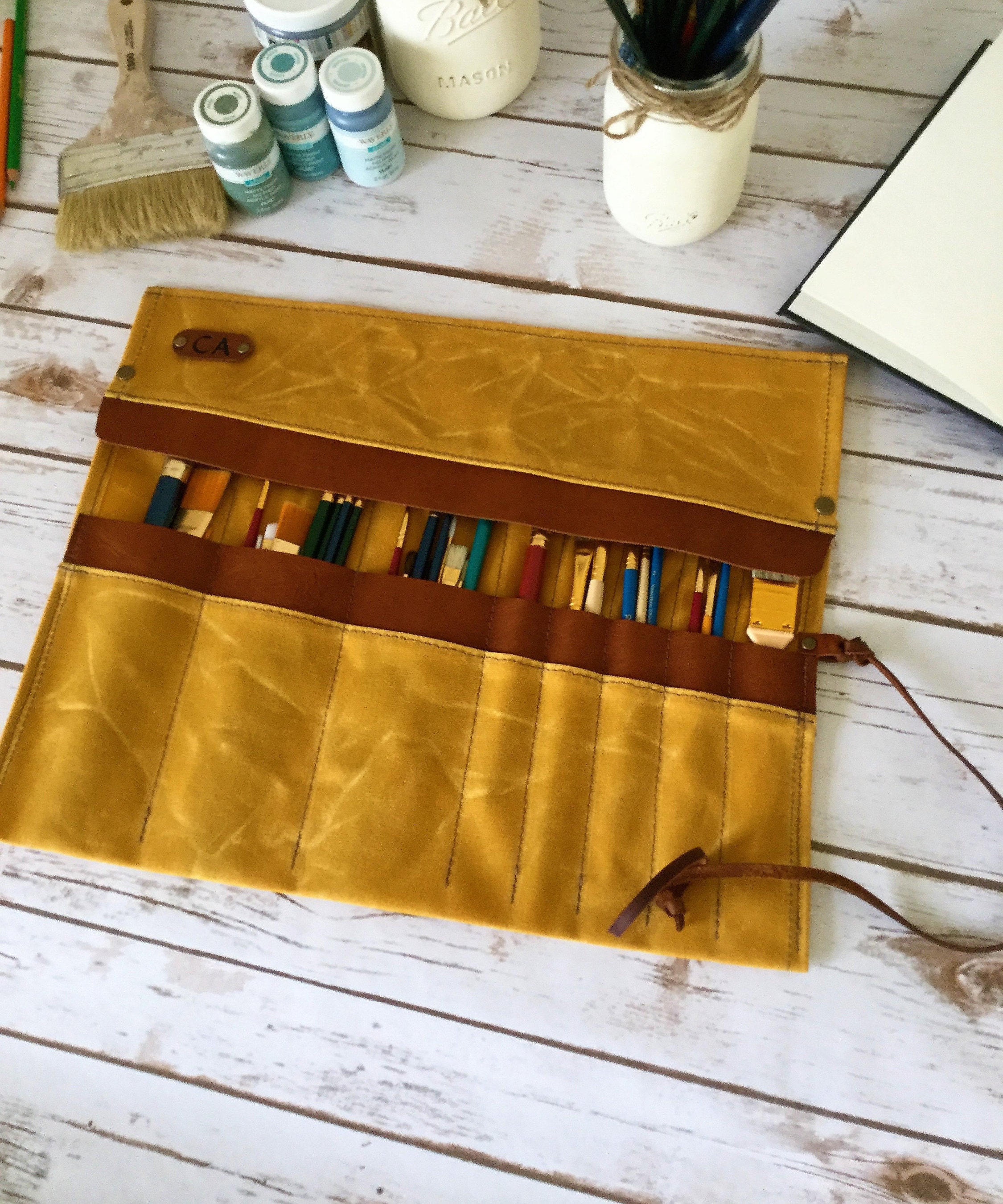 Waxed Canvas Paint Brush Roll, Artist Roll, Paint Brush Organizer ...