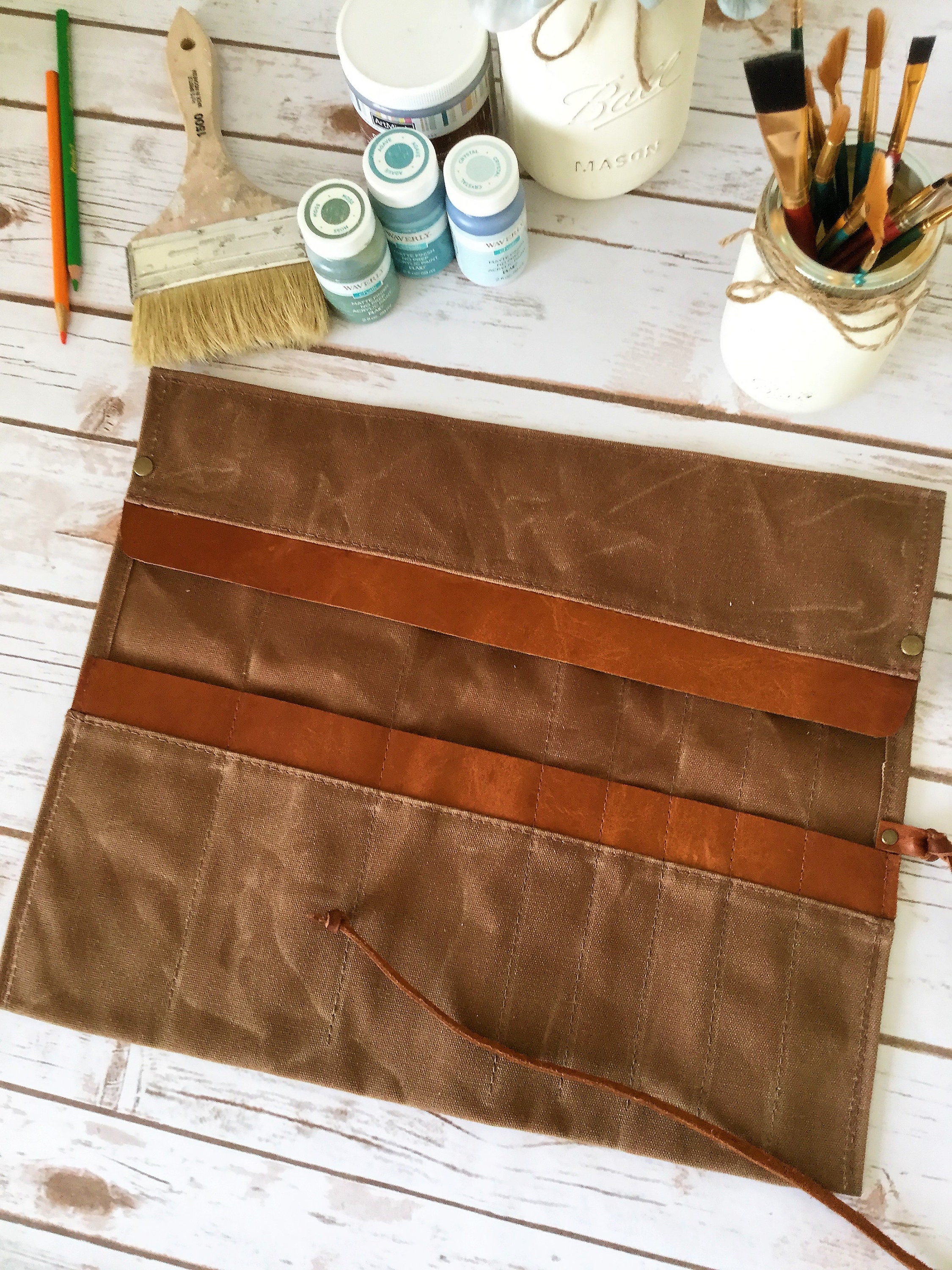 Waxed Canvas Paint Brush Roll, Artist Roll, Paint Brush Organizer ...